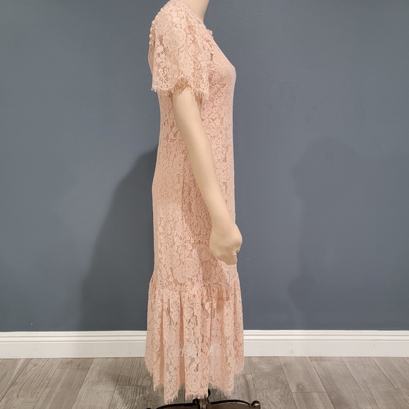 Zara | Dresses | Zara Blush Pink Lace Midi Ruffle Hem Midi Dress L ...